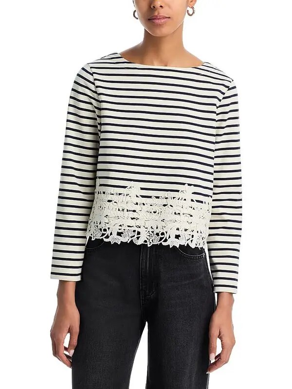Veronica Beard Hovey Lace Trim Top - Dove/navy