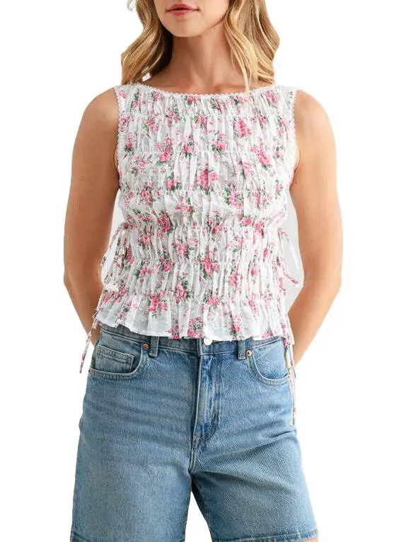 ALL IN FAVOR Floral Smocked Side Tie Cotton Tank - Pink Floral
