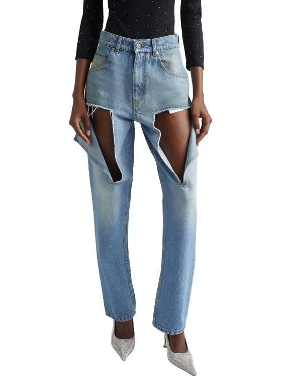 AREA Thigh Slash Straight Leg Jeans - Medium Blue