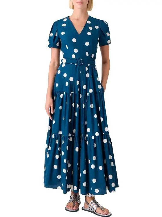 Akris Polka Dot Cotton Poplin Tiered Dress - Dark Blue-cream