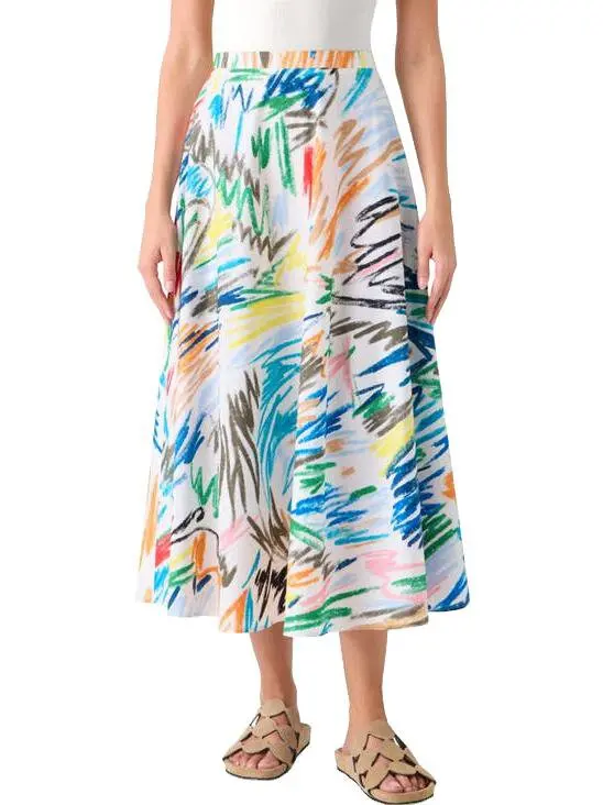 Akris Scribble Print Cotton A-line Midi Skirt - Cream-multi