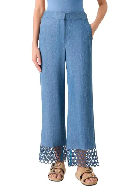 Akris Marlon Circle Lace Denim Wide Leg Pants - Medium Blue Denim