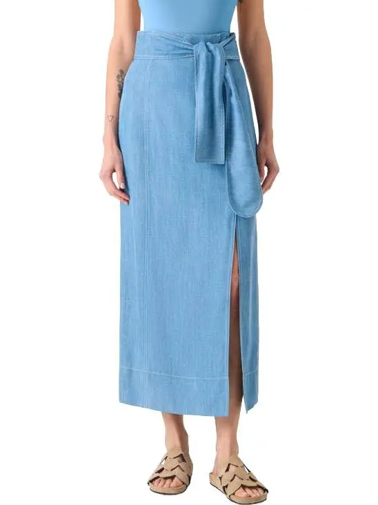 Akris Chambray Faux Wrap Midi Skirt - Sky Blue Denim