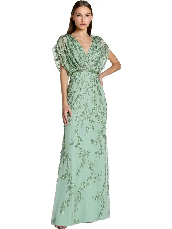 Mac Duggal Beaded V-neck Short Sleeve Blouson Gown - Green