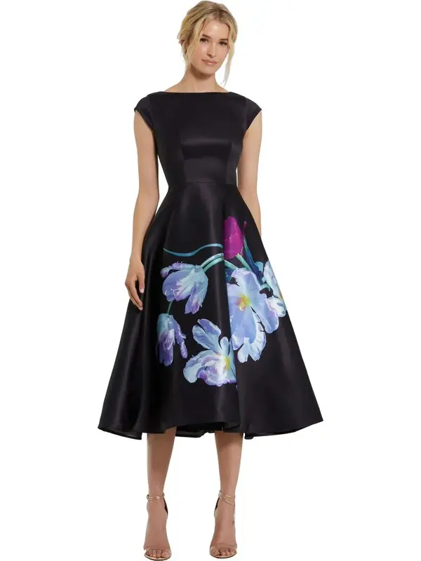 Mac Duggal Satin Cap Sleeve Midi Dress With Floral Print - Black
