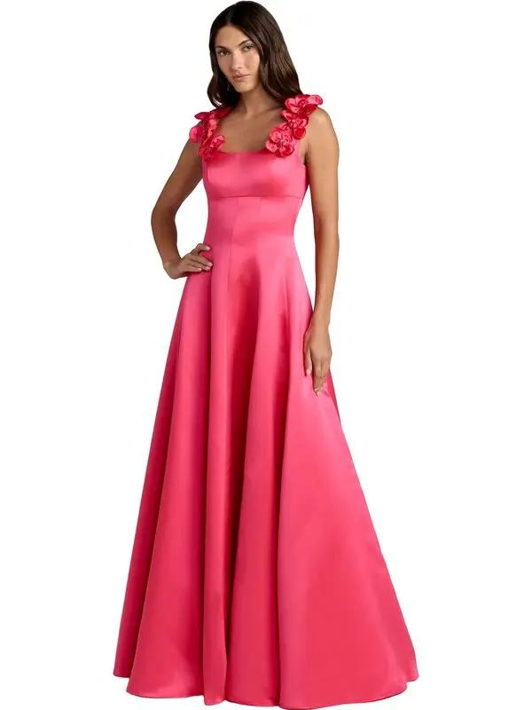 Mac Duggal Sleeveless Ball Gown With 3d Flower Straps - Hot Pink