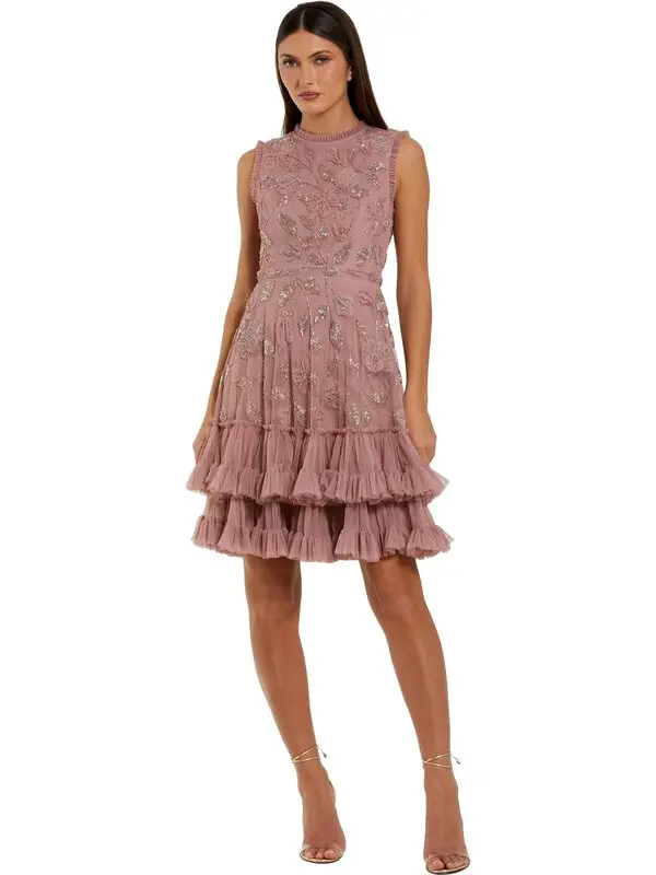 Mac Duggal High Neck Beaded Dress With Ruffled Hem - Antique Rose