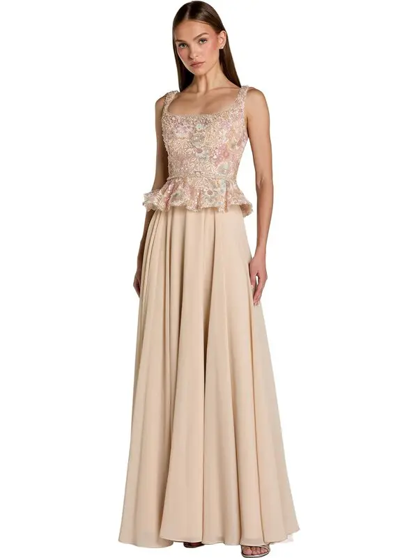 Mac Duggal Embroidered Peplum Top Chiffon Skirt Gown - Champagne