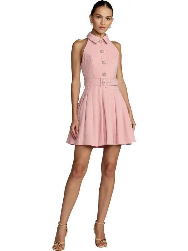 Mac Duggal Pleated A-line Mini Dress With Pearl Button Detail - Pink