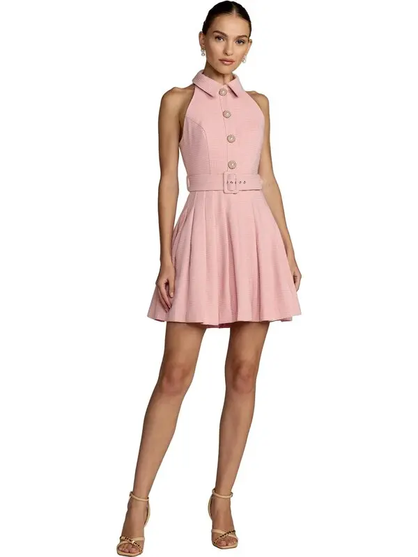 Mac Duggal Pleated A-line Mini Dress With Pearl Button Detail - Pink