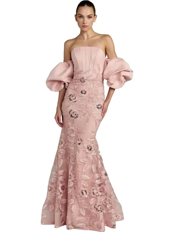 Mac Duggal Off-the-shoulder Satin Mermaid Gown With Puff Sleeves And Embroidery - Pink