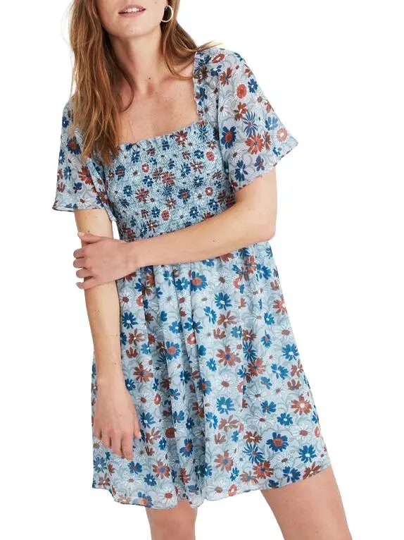 Madewell Wildflower Garden Smocked Flutter Sleeve Dress - Poolhouse Floral Feather Blue