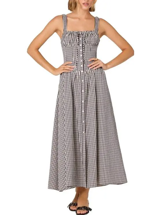 Astr The Label Temperance Gingham Corset Midi Dress - Black Gingham
