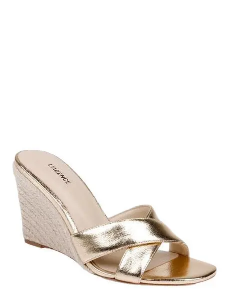 L'Agence Rosaline Espadrille Wedge Slide Sandal - Gold Crackle Leather