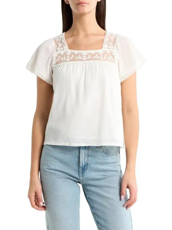 Lucky Brand Lace Mesh Square Neck Top - Cream