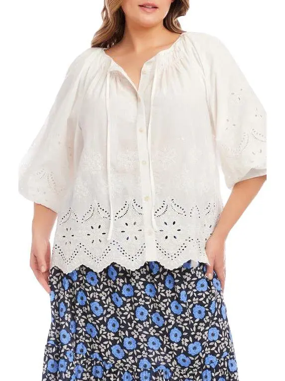 Karen Kane Eyelet Embroidered Cotton Button-up Top - White