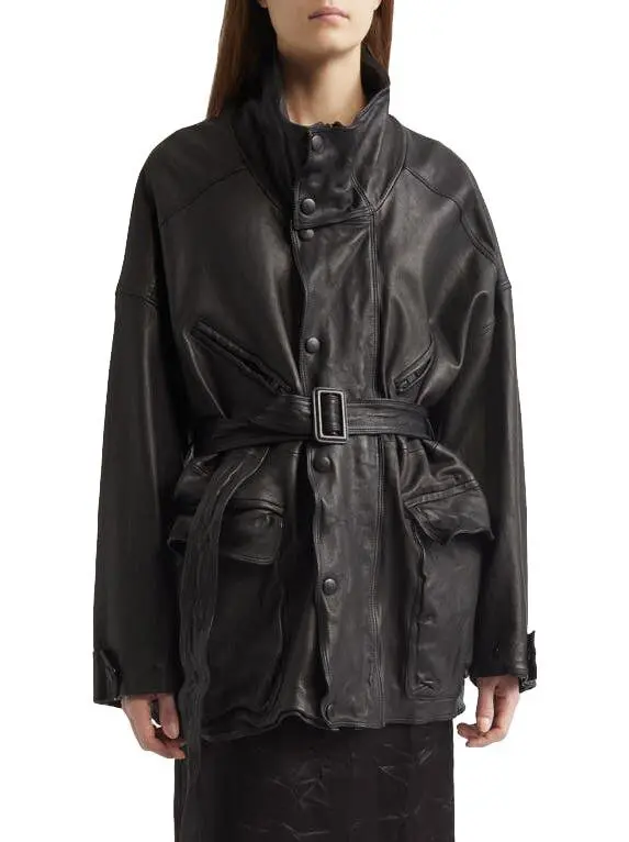 NACKIYE Oversized Belted Leather Coat - Noir