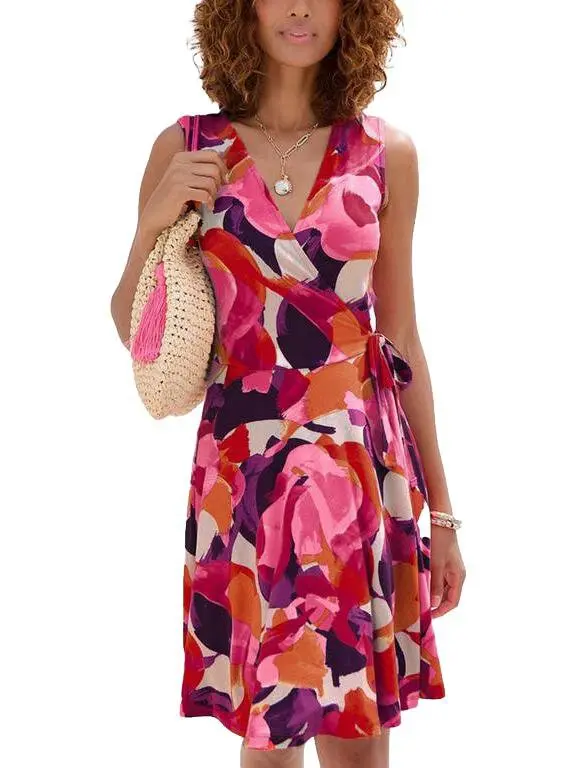 LASCANA Sleeveless Wrap Front Floral Print Jersey Dress - Pink-printed