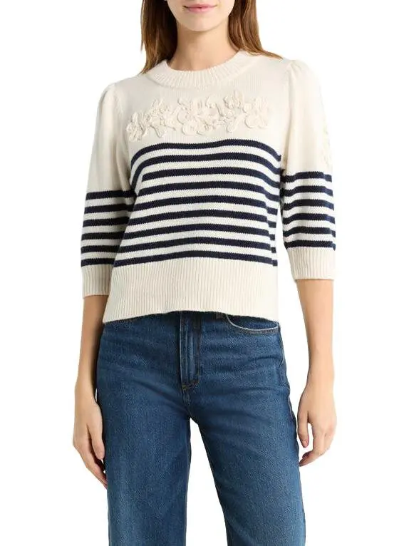 Rails Martha Striped Floral Appliqué Sweater - Ivory Navy Floral Stripe