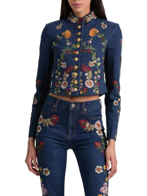 Alice + Olivia Emerson Floral Embroidered Denim Jacket - Catherine Dark Multi