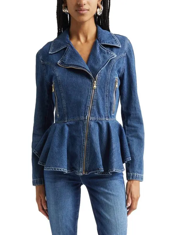 L'Agence Moxie Denim Peplum Biker Jacket - Norton