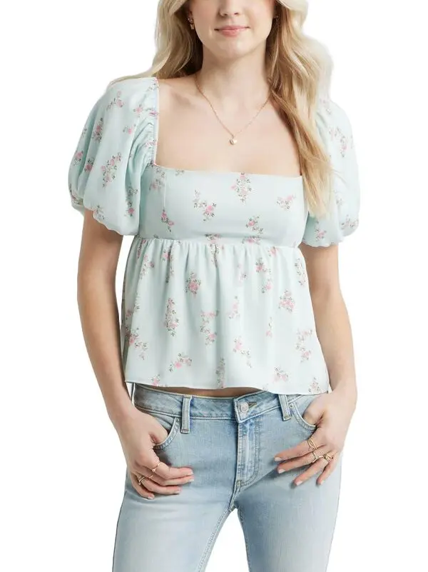 Bp. Printed Bubble Sleeve Babydoll Top - Green C-pink Selina Floral