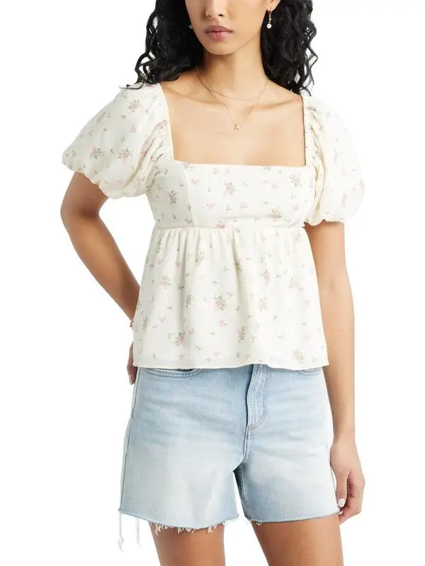 Bp. Printed Bubble Sleeve Babydoll Top - Ivory- Olive Field Flowers