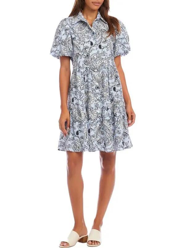 Karen Kane Paisley Tiered Cotton Shirtdress - Blue Print