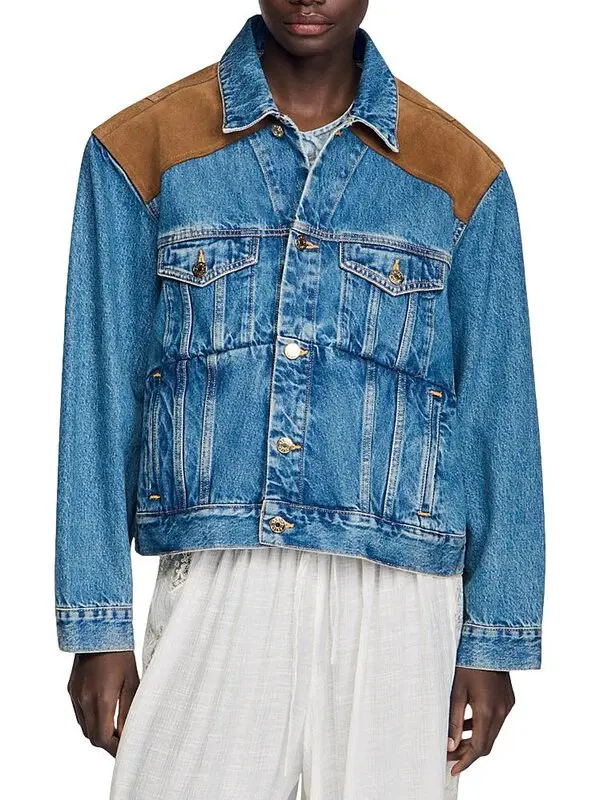Sandro Denim & Suede Jacket - Light Blue Jean