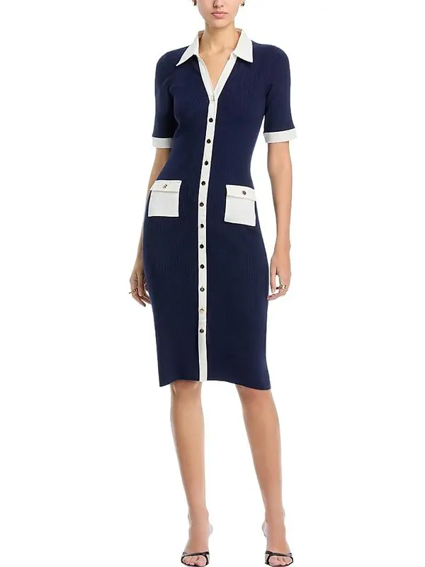 T Tahari Elbow Sleeve Ribbed Sweater Dress - Navy/ White