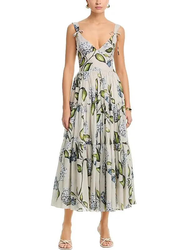 Oscar De La Renta Floral Voile Day Dress - Denim/oatmeal