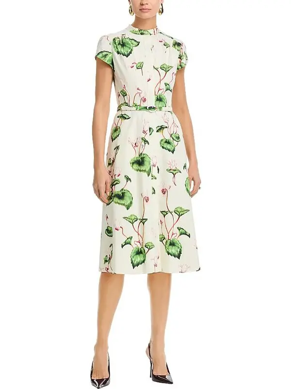 Oscar De La Renta Cap Sleeve Chine Cyclamen Poplin Day Dress - White/ivory