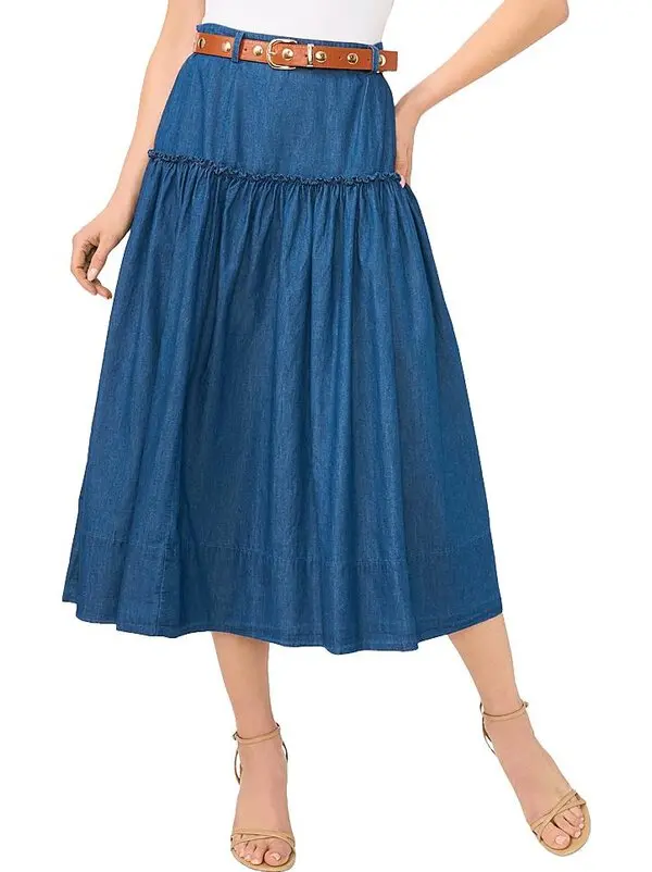 CECE DUPRAZ Belted Denim Midi Circle Skirt - Mid Indigo