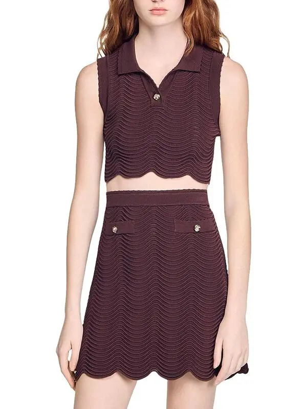 Sandro Cropped Decorative Knit Top - Brown