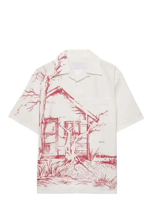 Prada Printed Cotton Bowling Shirt - Red