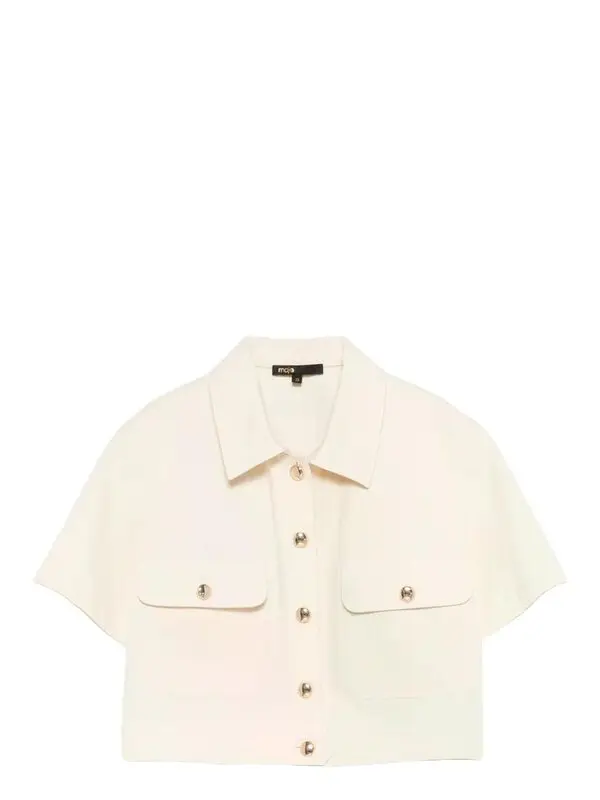 Maje Cropped Textured Cotton Shirt Jacket With Gold-tone Buttons - Neutrals