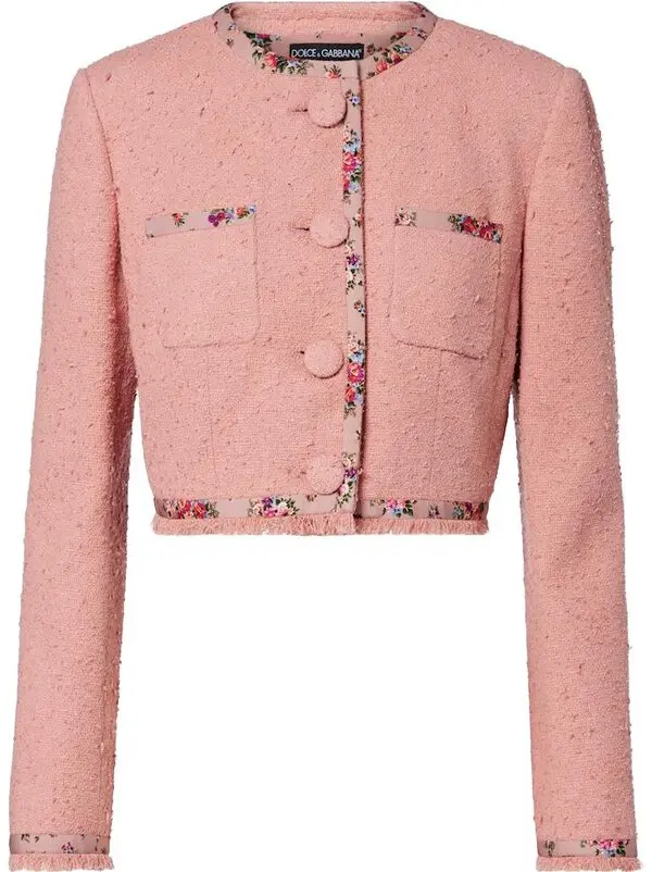 Dolce & Gabbana Floral Cropped Cotton-blend Tweed Jacket - Pink