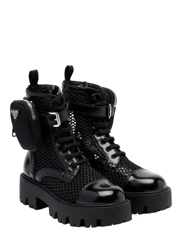 Prada Leather-trimmed Mesh Combat Boots - Black