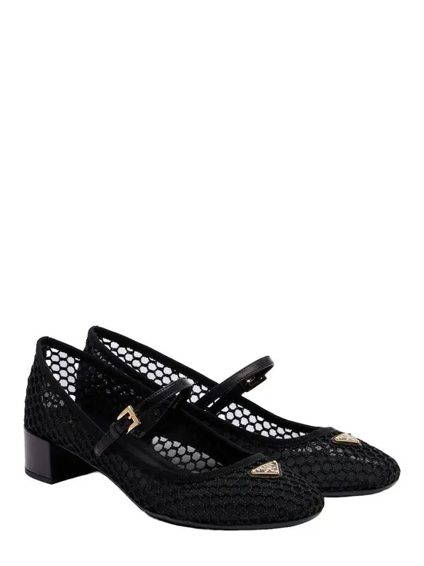 Prada Leather-trimmed Mesh Mary Jane Pumps - Black