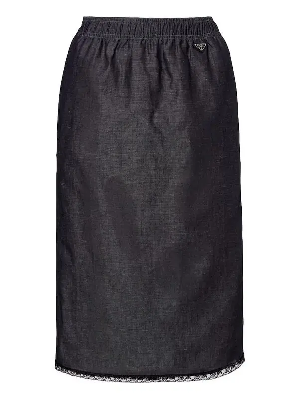 Prada Lace-trimmed Cotton-linen Midi Skirt - Blue