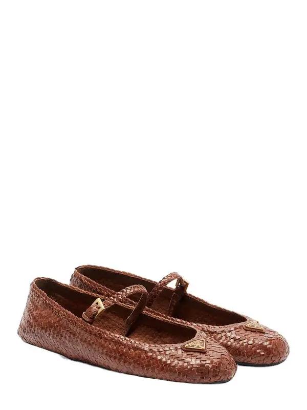 Prada Woven Leather Mary Jane Flats - Brown