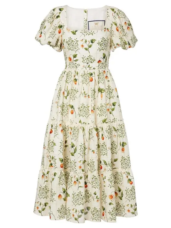 Agua Bendita Embellished Printed Linen Midi Dress - White