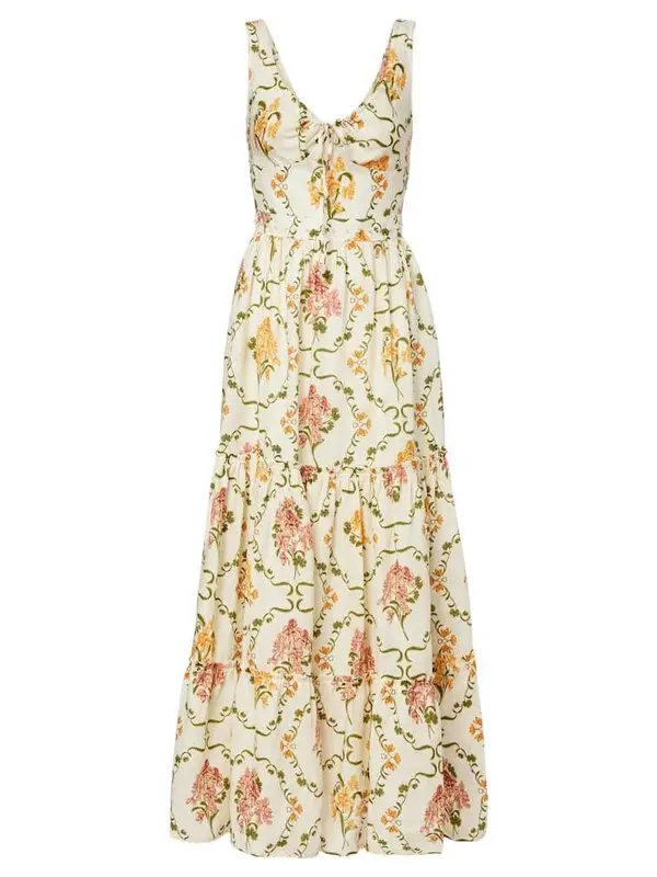 Agua Bendita Azulejo Floral Linen Maxi Dress - White