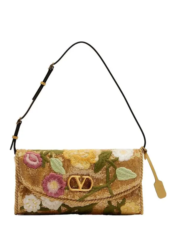 Valentino Garavani Beaded Floral Shoulder Bag - Gold