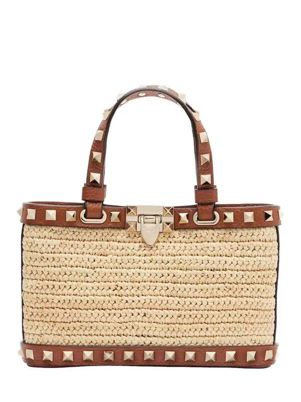 Valentino Garavani Rockstud Mini Raffia Tote Bag - Beige