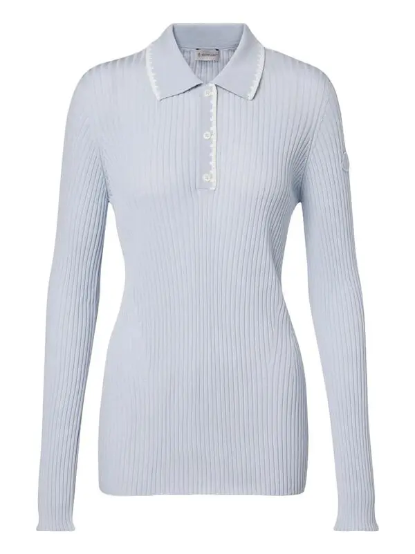 Moncler Ribbed-knit Virgin Wool Polo Sweater - Blue