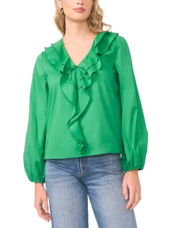 Vince Camuto Ruffle V-neck Cotton Top - Field Green