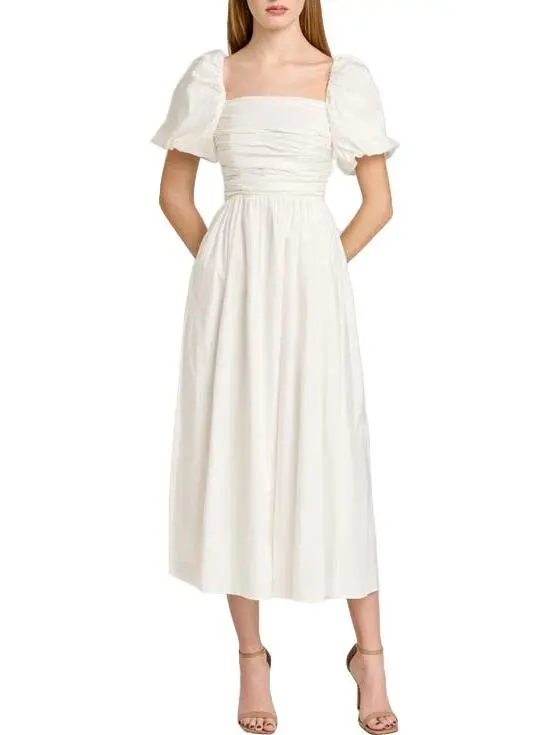 WAYF Lucy Ruched Puff Sleeve Midi Dress - Ivory