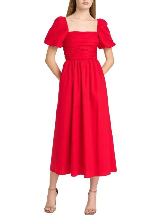 WAYF Lucy Ruched Puff Sleeve Midi Dress - Red