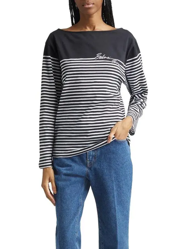 Balmain Paris Logo Marinière Stripe Cotton T-shirt - Eab Blk/white